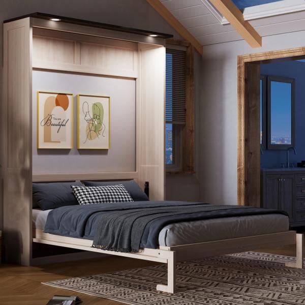 商品名:  Modern Queen Size Murphy Bed Wall Bed with Light, Traditional Solid Wood Murphy Cabinet Bedframe, Can be Folded, S...