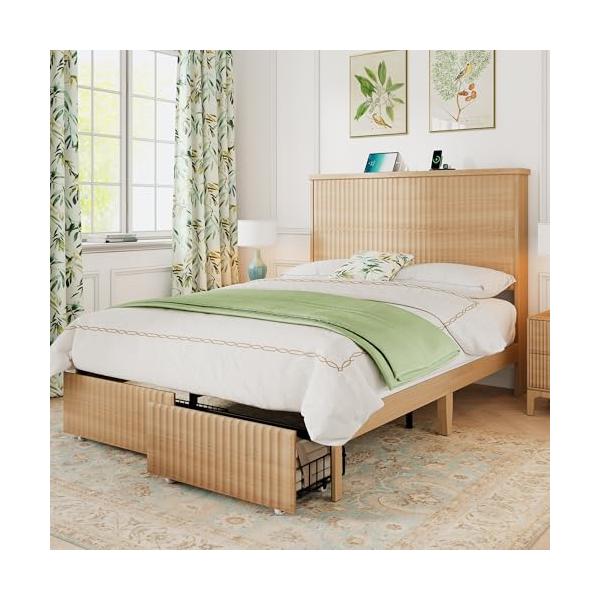商品名:  Yechen Retro Fluted Full Bed Frame with 55" Tall Headboard and Storage Drawers, Natural Wood Metal Full Bed with S...