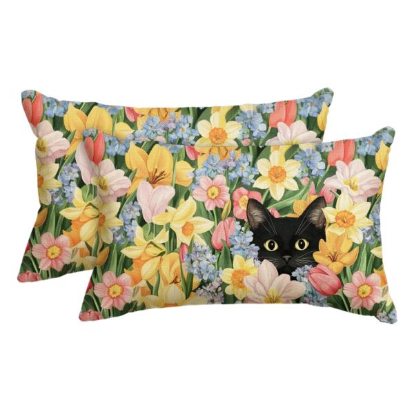 商品名: AVOIN colorlife 春のチューリップ 黒猫 フローラルスローピローカバー、12 x 20インチ アジサイの花 季節のクッションケース ソファソファ用 2枚セット AVOIN colorlife Spring Tulip...