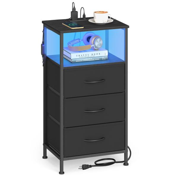 商品名: SONGMICS BELLAH コレクション - 充電ステーションとアプリ制御の調節可能なLEDライト付きナイトスタンド、ベッドサイドテーブル、引き出し3つ、オープンシェルフ1つ、寝室、インクブラックとエボニーブラック ULGS3...