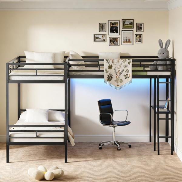 商品名:  KMBOHE Twin L-Shaped Triple Bunk Bed with LED Strip Light, Desk and Power Socket with USB Ports, Metal Corner Bed ...