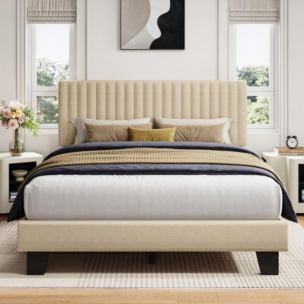 商品名:  iPormis Queen Size Bed Frame, Upholstered Platform Bed with Vertical Linen Headboard, Wide Bed Legs and Strong Woo...