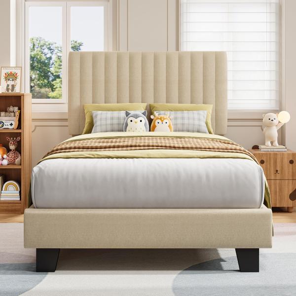 商品名:  iPormis Twin Size Bed Frame, Upholstered Platform Bed with Vertical Linen Headboard, Wide Bed Legs and Strong Wood...