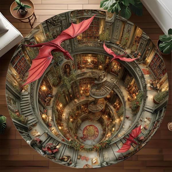 商品名: カスタム3Dプリントドラゴンクリスマスラウンドラグ、パーソナライズされた3Dドラゴンブックラバーラウンドラグ、ノンスリップラグカーペット、ベッドルーム、リビングルーム、誕生日(D2) Custom 3D Printed Drago...