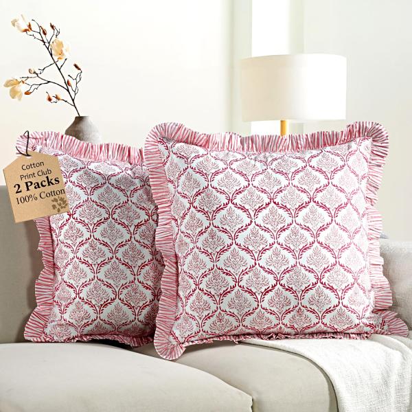 商品名:  CPC Blush Rose Hand Block Print 100% Cotton Ruffle Throw Pillow Cover 18x18 inch with Hidden Zipper Decorative for...
