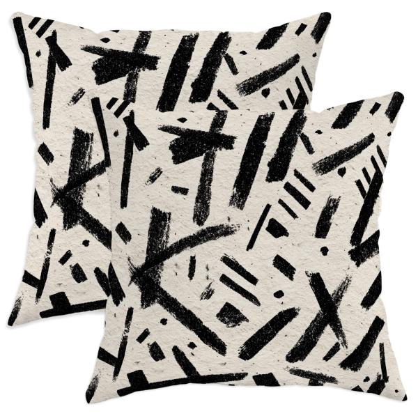 商品名:  Stripes Throw Pillow Covers Set of 2, Modern Minimalistic Brush Patterns Geometric Shapes Black with Hidden Zipper...