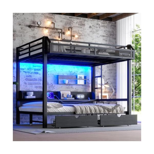 商品名:  Bellemave Queen Over Queen Metal Bunk Bed with 2 Drawers, Shelves, LED Lights &amp; USB Ports, The Lower Can be Co...