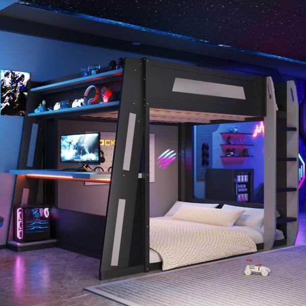 商品名:  MERITLINE Queen Size Gaming Bunk Bed with Built-in Desk, RGB LED Lights &amp; USB Port, Cable Management System &a...