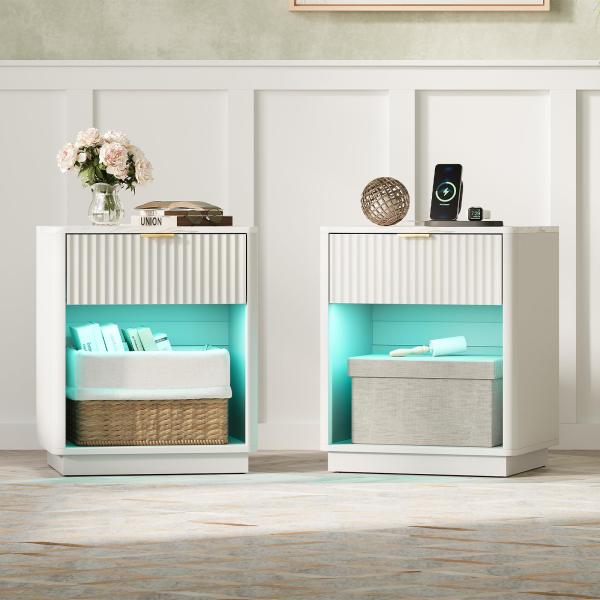 商品名:  Nightstands Set of 2, Fluted Night Stands with Charging Station, Faux Marble-Top Bedside Table with Drawers, Round...
