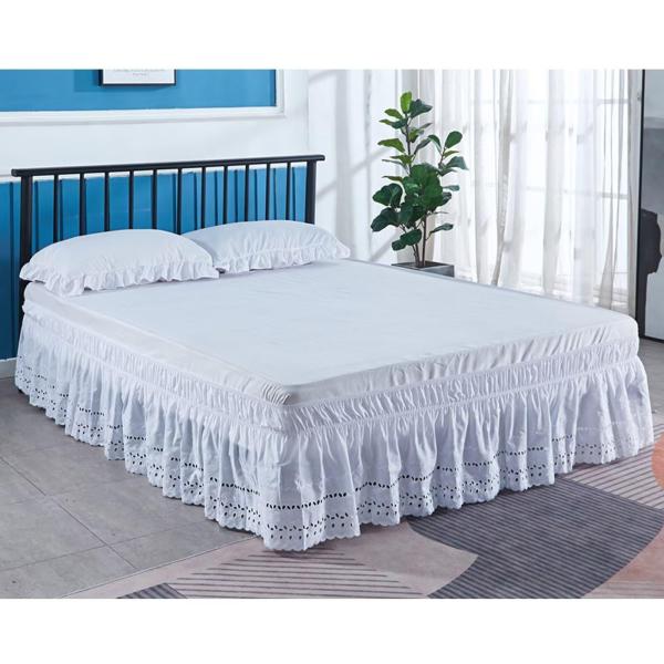 商品名:  White Wrap Around Elastic Ruffled Eyelet Trim Bed Skirt King Size Elegant Dust Ruffle Bedskirt with 15 Inch Dropブラ...