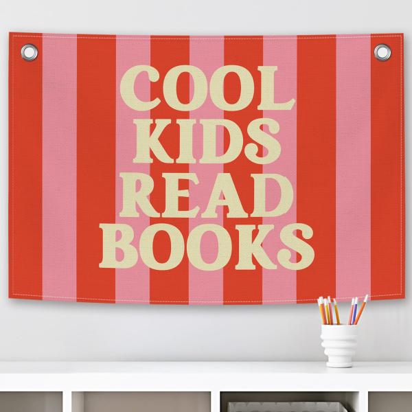 商品名:  Dimurela Reading Classroom Kids Banner Canvas, Cool Kids Read Books Decor,Retro Red Pink Library Hanging Flag Sign...