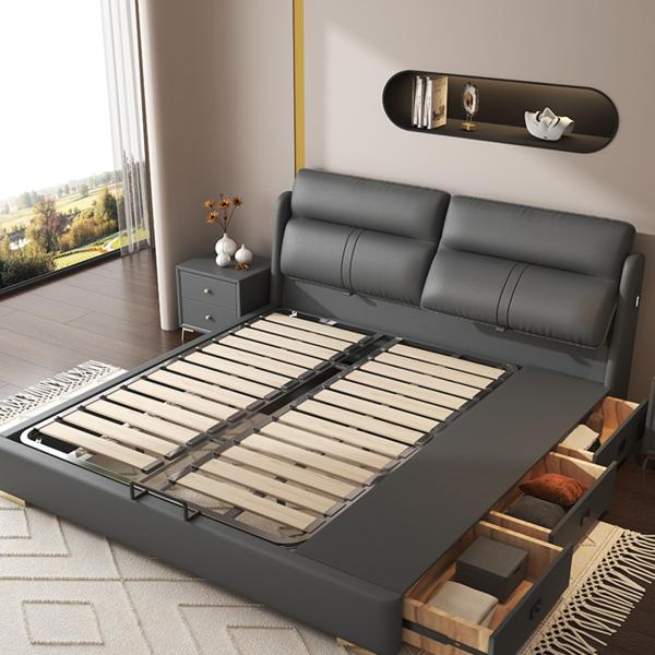 商品名:  DLCQIJI Gray Genuine Leather Wood Bed Upholstered Platform Bed Frame with Wingback Headboard and Storage Drawers S...