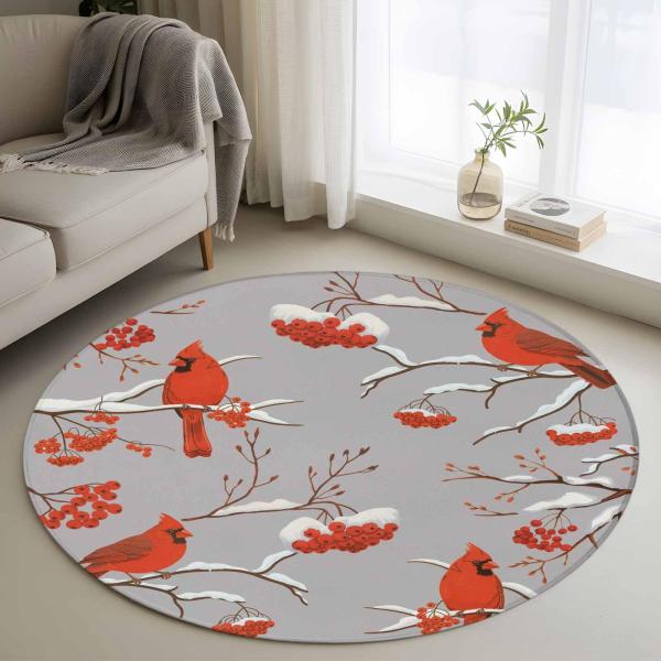 商品名:  Round Area Rugs Collection 3 Ft, Christmas Non-Slip Residential Carpet, Red Cardinal Birds on Branch Berries Grey ...