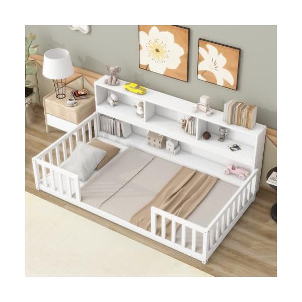 商品名:  OYUMOENTS Twin Montessori Floor Bed with Storage Shelves and Bedside Bookcase, Wood Kids Floor Beds with Guardrail...