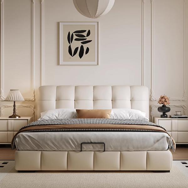 商品名:  LSIGHTUS White Genuine Leather Wood Bed with Headboard and Lift Up Storage Upholstered Platform Bed Frame Wooden S...