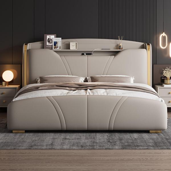 商品名:  LSIGHTUS Gray Genuine Leather Wood Bed Upholstered Platform Bed Frame with Headboard and Lift Up Storage Wooden Sl...