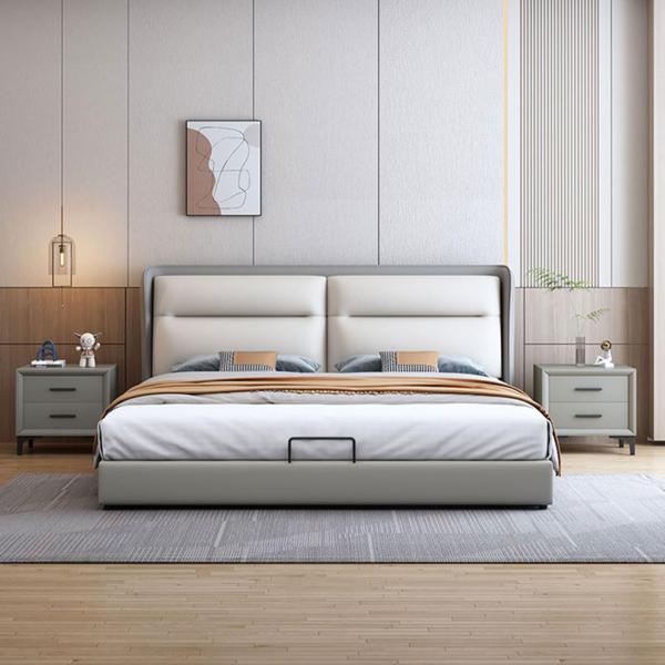 商品名:  LSIGHTUS White Queen Size Genuine Leather Wood Bed Upholstered Platform Bed Frame with Headboard and Lift Up Stora...