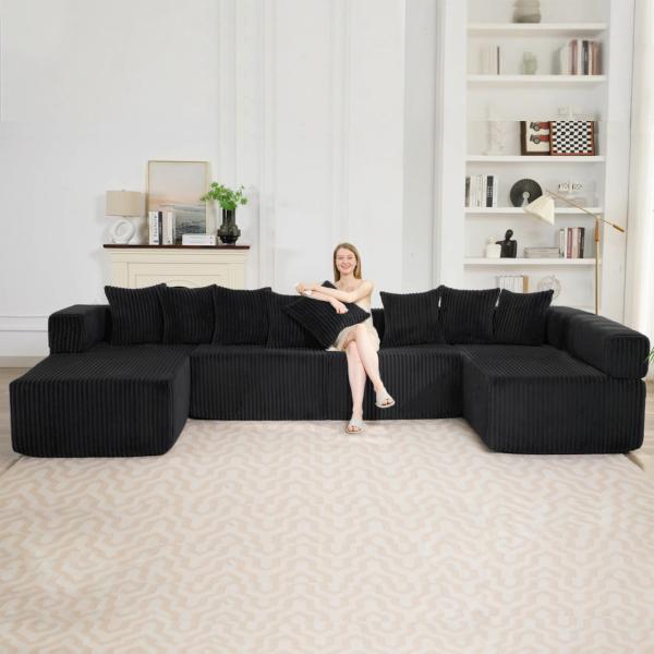 商品名: 147インチ 特大クラウドセクショナルソファ リビングルーム用 U字型の骨なしソファ モジュラーソファー コーデュロイスリーパーソファベッド ダブル長椅子とサイドポケット付き 組み立て不要 ブラック 146" Oversized ...
