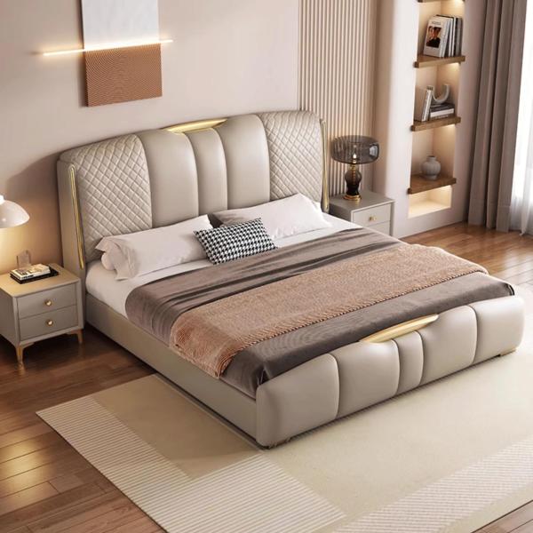 商品名:  HONGYISHI Gray Queen Size Genuine Leather Wood Bed Upholstered Platform Bed Frame with Headboard and Lift Up Stora...