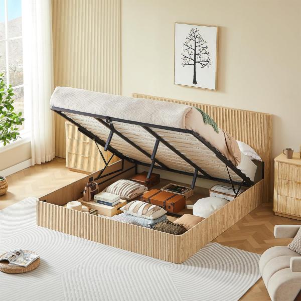 商品名:  Gustonhon Walnut King Size Bed Frame, Bed with Hydraulic Lift Up Storage Underneath, Large Grooved Undulating Wood...