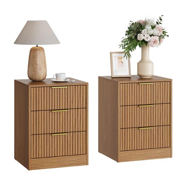 商品名:  Sscaktu Fluted Nightstand Set of 2, Night Stand with 3 Drawers Large Storage Space, Modern Bedside Table with Meta...
