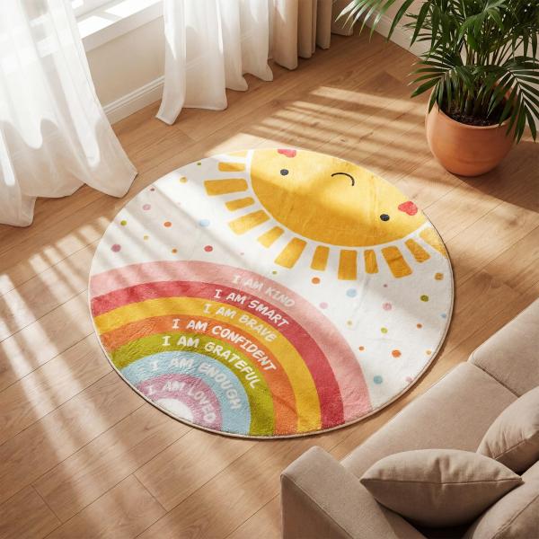 商品名: Tinideya 15フィート レインボーサークル 保育園用ラグ 47.2インチ ボーホー 洗える 滑り止め ポジティブな言葉 ラウンド サンラグ プレイルーム用 ソフト カラフル 保育園マット 落ち着いたコーナー 教室 ホーム ...