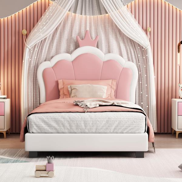 商品名:  Upholstered Platform Bed Twin Size with Crown Headboard &amp; Footboard for Girls,Princess PU Leather Platform Bed...