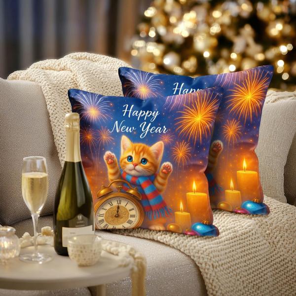 商品名: HOMETITUTE ハッピーニューイヤー 猫 2枚セット クッションカバー 18x18インチ ソフト 装飾 花火 時計 オーナメント クッションカバー 素朴な農家 休日 枕カバー ソファ カウチ ベッド ホームデコレーション H...