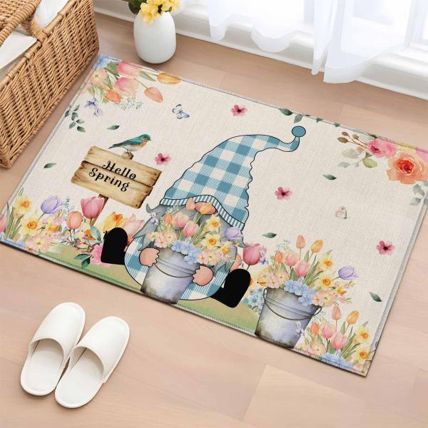 商品名:  Shine-Home Spring Gnomes Floral Entryway Area Rug 2'x3', Pink Tulip Botanical Beige Burlap Indoor Door Mat Non Sli...