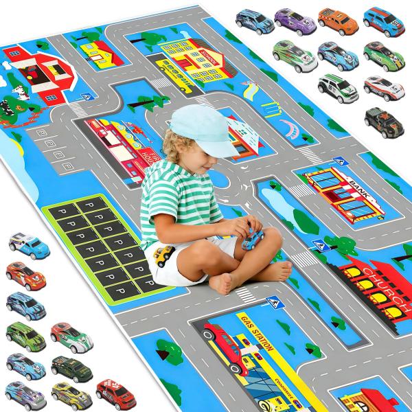 商品名: 子供用カーペットプレイマットラグ:キッズカーカーペットプレイマットラグ20台プルバック車両セット-プレイルーム、シティごっこ遊び、62.9 X 31.4インチ、ブルー Kids Carpet Playmat Rug: Kids C...