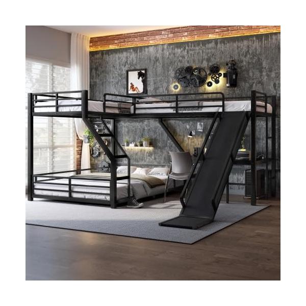 商品名:  Bellemave L-Shaped Triple Bunk Bed Twin XL Over Queen with Slide, Desk &amp; USB Ports, Metal Floor Bunk Beds with...