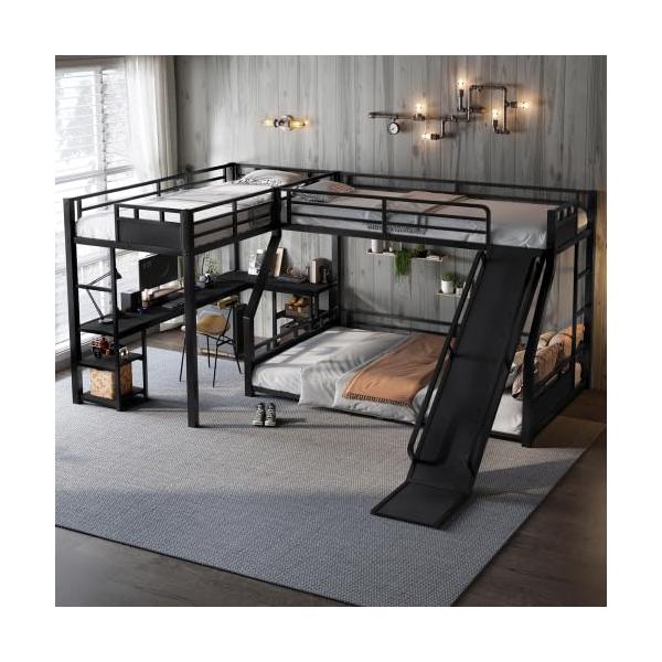 商品名:  Bellemave L-Shaped Triple Bunk Bed Twin XL Over Queen with Slide, Desk &amp; Shelves, Metal Floor Bunk Beds with 2...