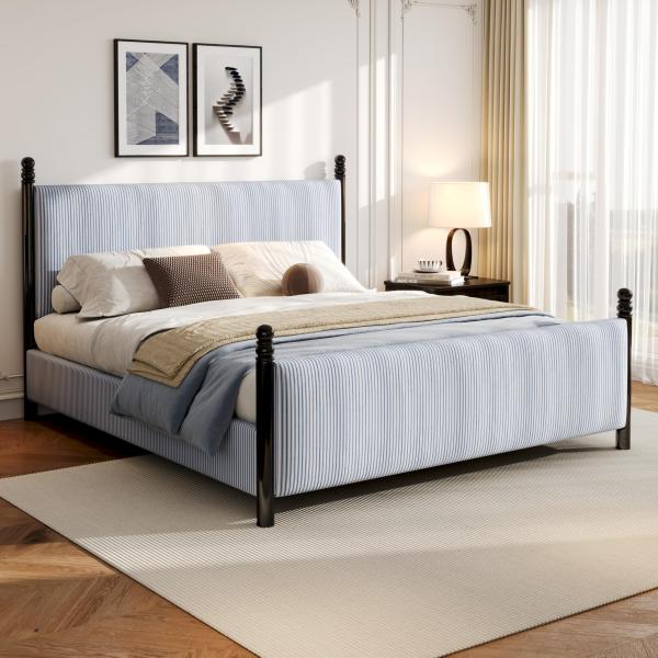 商品名:  Virubi Queen Size Upholstered Platform Bed with 48 Inch High Headboard, Vintage Striped Rubberwood Blue Bed Frame ...