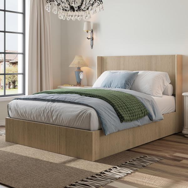 商品名:  SOFTSEA Queen Size Platform Bed with Storage, Wooden Platform Bed with Lift-Up Storage, Rustic Grooved Undulating ...