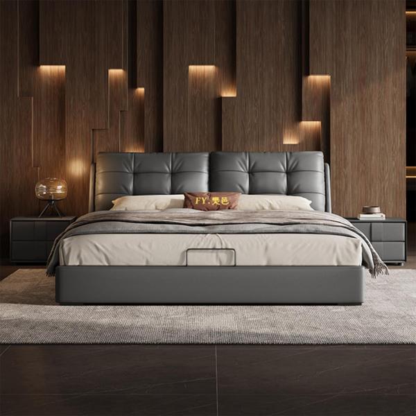 商品名:  LSIGHTUS Gray Queen Size Genuine Leather Wood Bed Upholstered Platform Bed Frame with Headboard and Lift Up Storag...