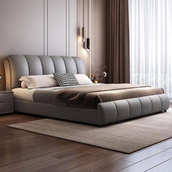 商品名:  LSIGHTUS Gray Queen Size Genuine Leather Wood Bed Upholstered Platform Bed Frame with Headboard and Lift Up Storag...