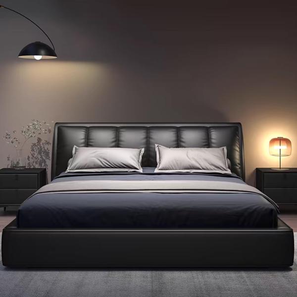 商品名:  LSIGHTUS Black Mid-Century Genuine Leather Wood Bed with Wingback Headboard and Drawers Wooden Slats and Metal Fra...