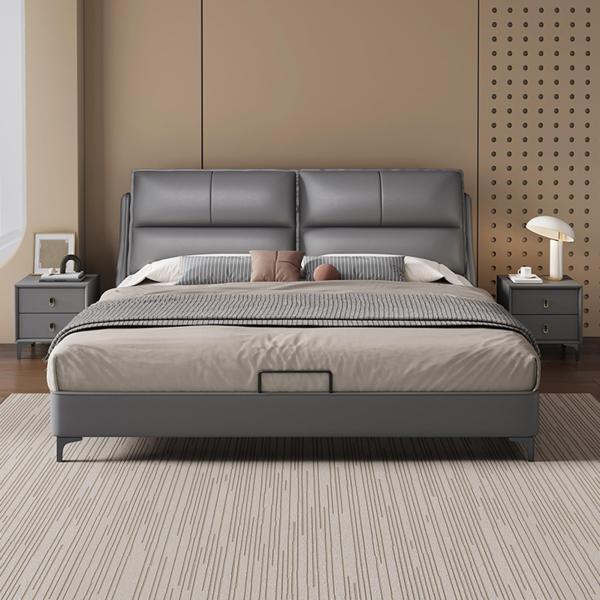 商品名:  LSIGHTUS Gray Queen Size Genuine Leather Wood Bed Upholstered Platform Bed Frame with Wingback Headboard and Drawe...