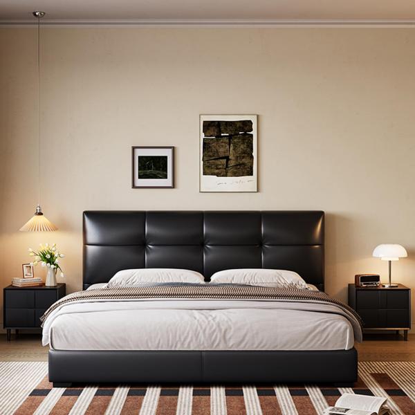 商品名:  LSIGHTUS Black Modern Queen Size Genuine Leather Bed Set Upholstered Platform Bed Frame with Headboard and Drawers...