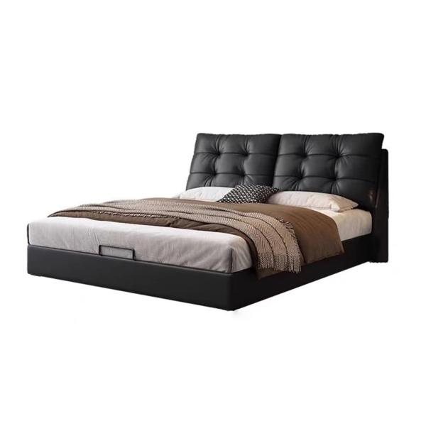 商品名:  LSIGHTUS Black Modern Queen Size Genuine Leather Bed with Headboard and Drawers Strong Wooden Slat Support No Box ...