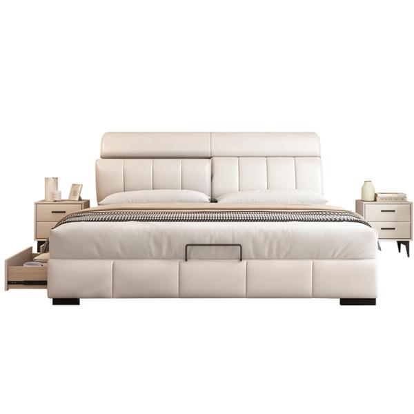 商品名:  LSIGHTUS White Queen Size Genuine Leather Wood Bed Upholstered Platform Bed Frame with Wingback Headboard and Draw...