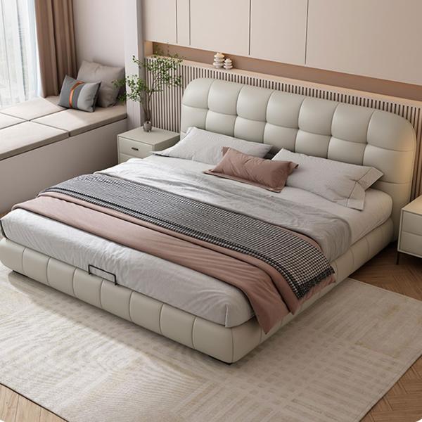 商品名:  LSIGHTUS Gray Mid-Century Genuine Leather Wood Bed Upholstered Platform Bed Frame with Wingback Headboard and Draw...