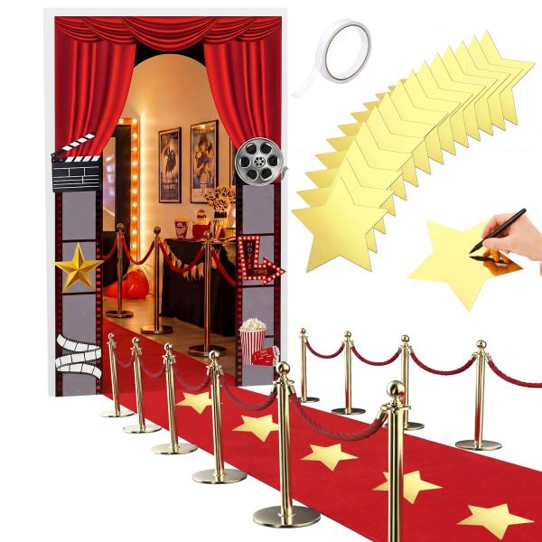 商品名: Dunzy 映画ナイトポーチサインバナー 2 x 10フィート レッドランナーラグカーペット 18 8インチ ゴールドスター ペーパーカットアウト 映画テーマパーティーデコレーションカード 28枚 新年ホームフィルム背景パーティー...