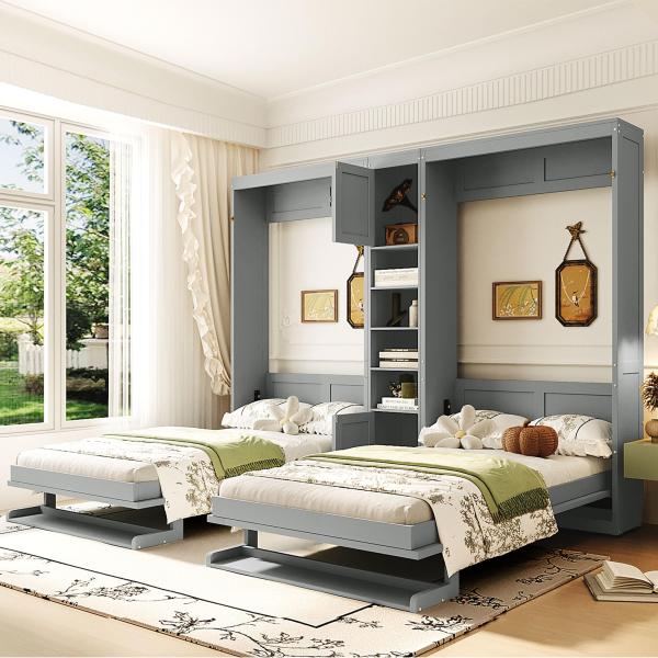 商品名:  Bellemave Dual Twin Wall Murphy Beds with Storage Cabinets &amp; Shelves, Space Saving Two Bed System Complete Wal...