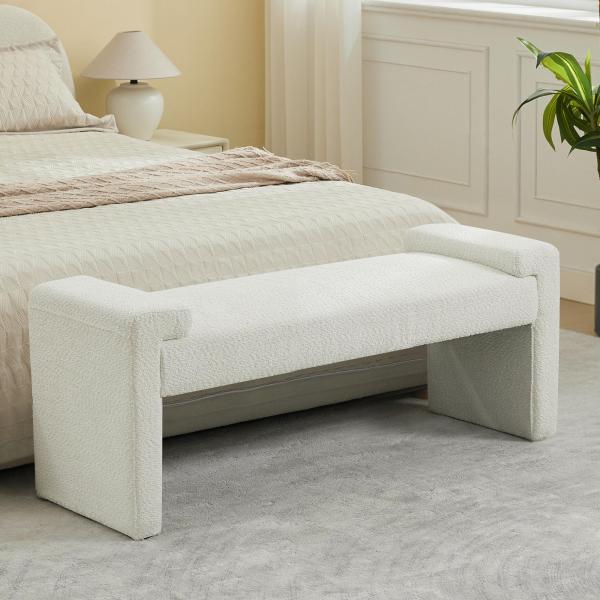 商品名: WUTUTUEE 43インチ ベッドベンチ 布張り モダン ベッドルームベンチ リビングルーム&amp;玄関用 組み立て簡単 フットレスト オットマンアクセント ウィンドウベンチ 無垢材フレーム&amp;カーブアーム付き ホワイト...