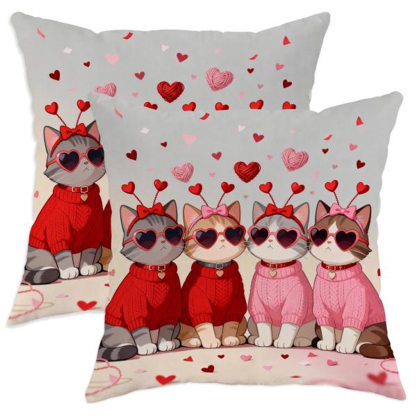 商品名:  Cats Throw Pillow Covers Set of 2, Playful Cute Hearts Sunglasses Valentine's Day Red Soft Velvet Washable Square ...