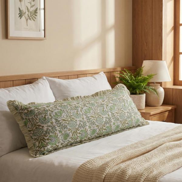 商品名: THE ART BOX メノウグリーン - つるハンドブロックプリントフリルスローピローカバー36X14インチ、100%コットン装飾クッションカバー 隠しジッパー付き カウチ、ベッド、ソファ、農家&amp;コテージコアホームデコレ...