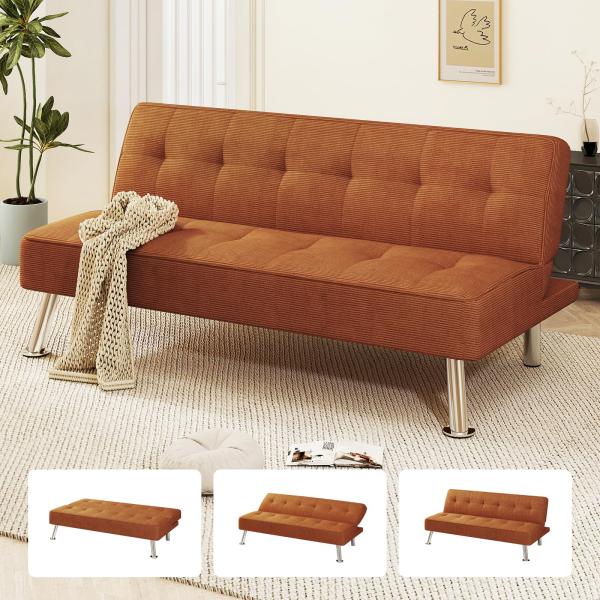 商品名:  Furnimart Futon Sofa Bed, 66" Corduroy Convertible Futon Couch with 3-Position Adjustable Backrest, Solid Wood Fra...