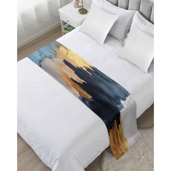 商品名:  Bed Runner Scarf Twin Size, Navy Blue Yellow Stain Bed Runners &amp; Scarves for Foot of Beds, Color Block Abstrac...