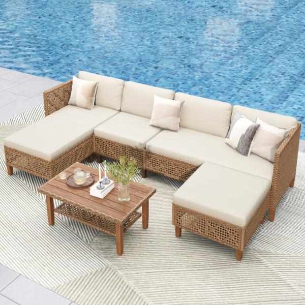 商品名:  PHI VILLA 6 Seats Outdoor Sectional Sofa with Cushions and Acacia Wood Coffee Table, Patio Conversation Set for Ga...